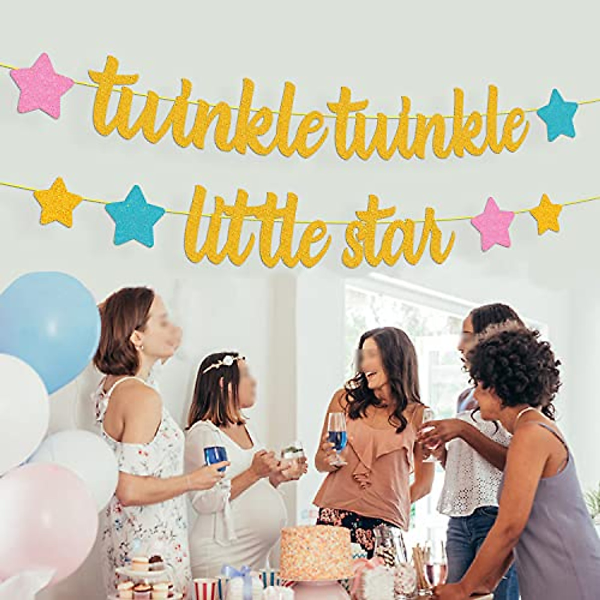 Twinkle Twinkle Little Star How We Wonder What You Are Banner Gender Reveal Decorations He or She Pink Blue Gold Star Baby Shower Party Supplies Glitter Décor Pre-Strung
