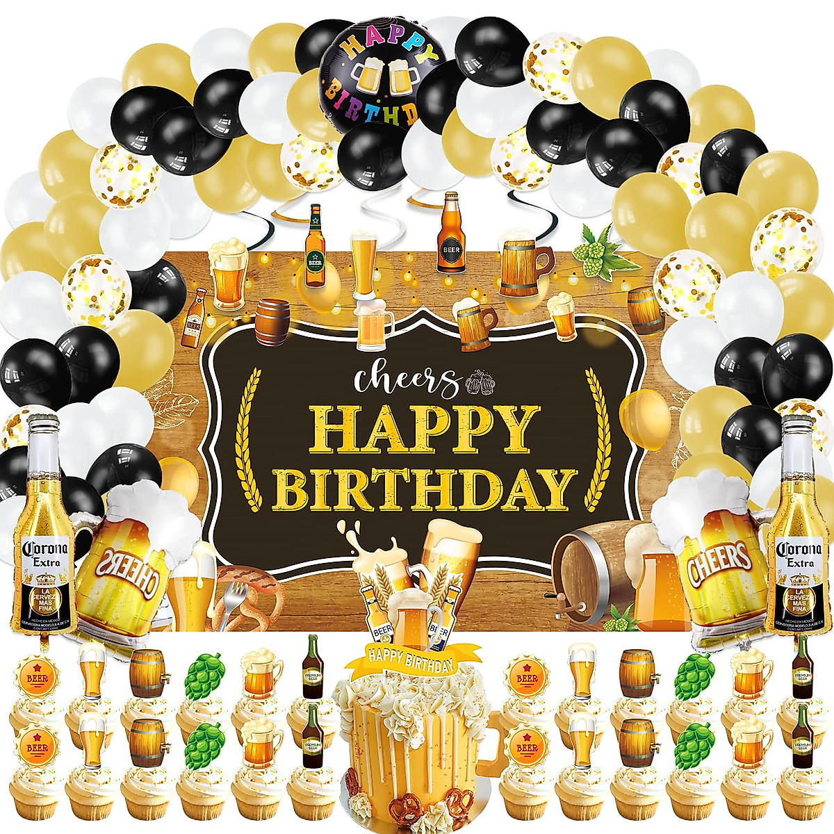 LXlucktim Beer Birthday Party Decorations for Men, 110 Pcs Aged to Perfection Party Supplies Balloons Garland Arch Kit for Mens 30th 40th 50th - Backdrop, Toppers, Balloon, Hanging Swirls