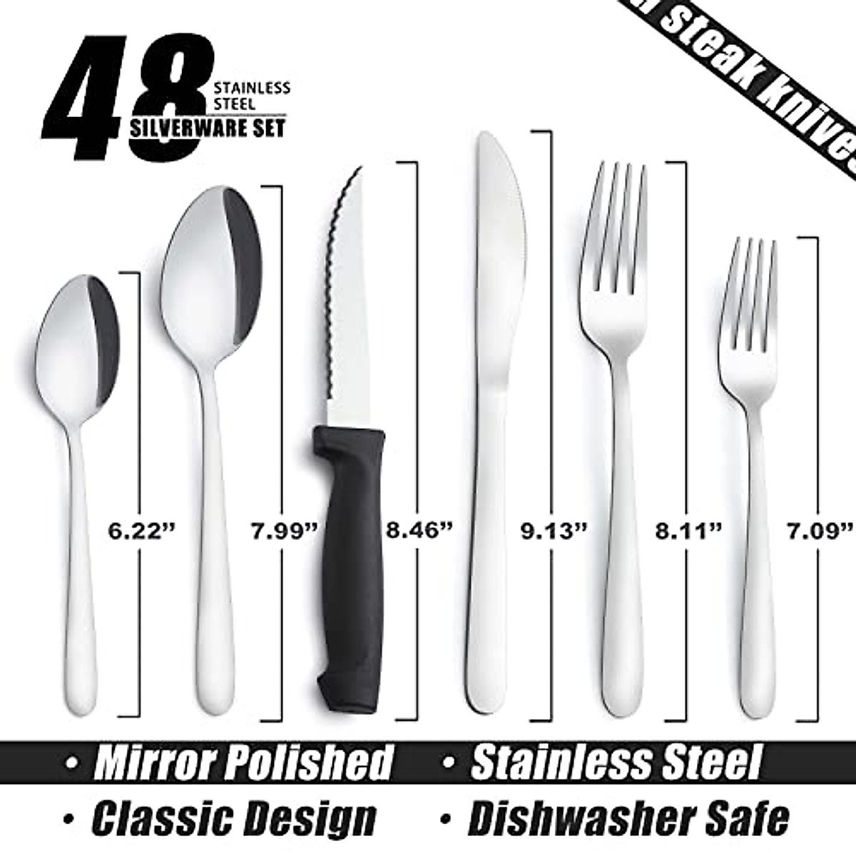48 Pieces Silverware Set, Pleafind Cutlery Set for 8, Flatware Sets with Steak Knives, Food Grade Stainless Steel Tableware Set, Use for Home Kitchen Restaurant Hotel, Dishwasher Safe, Mirror Polished