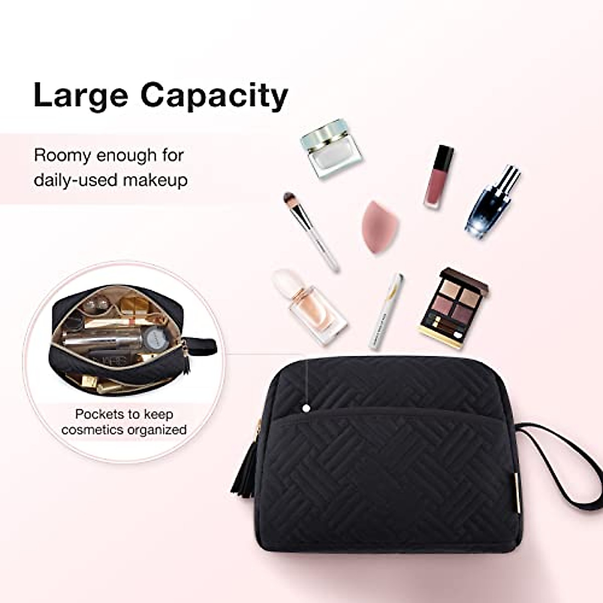 BAGSMART Cosmetic Pouch, Elegant Roomy Makeup Bag,Travel Zipper Pouch,Water-resistant Toiletry Bag,Makeup Accessories Organizer,Black