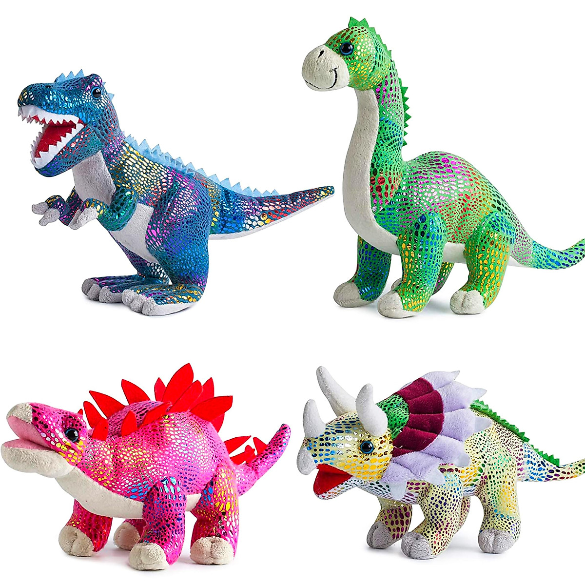 BUILD ME Plush Dinosaur Stuffed Animal Set of 4 Soft Dinosaurs, 12" Stuffed Dinosaur Set Includes T-Rex Brachiosaurus Stegosaurus and Triceratops Toys for Boys, Volcano Toys for Kids 3-5