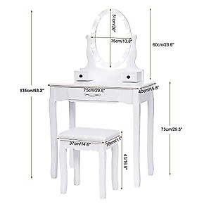ANWBROAD Makeup Vanity Desk Vanity Set with LED Lighted Mirror Makeup Table Set 10 LED Dimmable Bulbs Cushioned Stool 3 Drawers 3 Dividers for Bedroom Makeup Jewellery Storage Set White UBDT12W