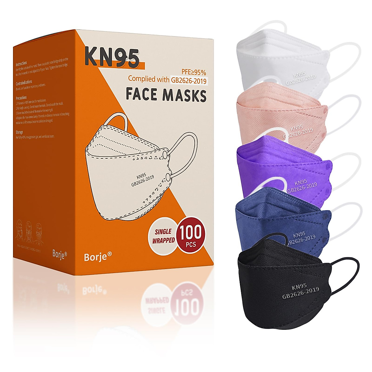 Borje KN95 Face Masks, 100 Pcs Disposable Face Masks, Filter Protection Against PM2.5 from Fire Smoke & Dust