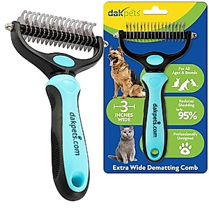 DakPets Dematting Rake for Dogs - Double Row Undercoat Rake for Dogs - Cat Brush & Deshedding Tool Gently Removes Loose Hair & Mats - Dog Hair Detangler & Cat Matted Fur Remover - Easy-Grip Design