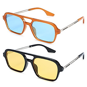 Hycredi Retro 70s Flat Aviator Sunglasses Trendy Vintage Square Glasses for Women Men Metal Design Shades UV Protection（Orange+Yellow
