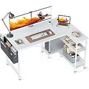 ODK Small L Shaped Computer Desk, 55 Inch Corner Desk with Reversible Storage Shelves & PC Stand for Home Office Workstation, Modern Simple Writing Study Table with Storage Bag for Small Space, White