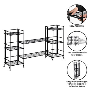 Convenience Concepts Xtra Storage 3 Tier Folding Metal Shelves with Set of 2 Deluxe Extension Shelves - Organizer for Living Room, Office, Bedroom, Garage, Kitchen, Bathroom, Black