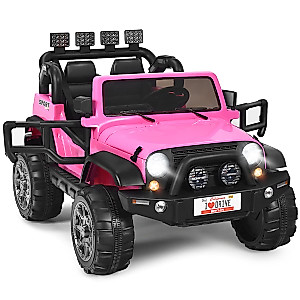 HONEY JOY 2 Seat Ride On Truck, 12V Off-Road Ride On Car with Remote Control, Slow Start, Spring Suspension, LED Lights, Music, 3 Speeds, Battery Powered Electric Vehicle for Two Kids(Pink)