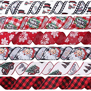 Vloso Christmas Ribbon Wired 2.5 Inch,6 Roll 30 Yards Christmas Wired Ribbon,Incl. Santa/Snowman/Snowflake/Christmas Buffalo Plaid Ribbon for Wreaths Bows Christmas Decor DIY Crafts