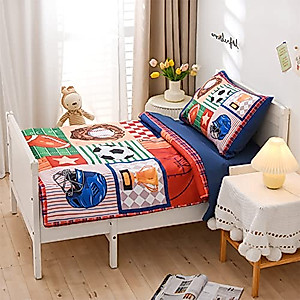 A Nice Night Sports Patchwork for Boys Basketball Baseball Rugby Soccer Printed Toddler Bedding Set,Includes Comforter, Flat Sheet, Fitted Sheet and Pillowcase, Navy