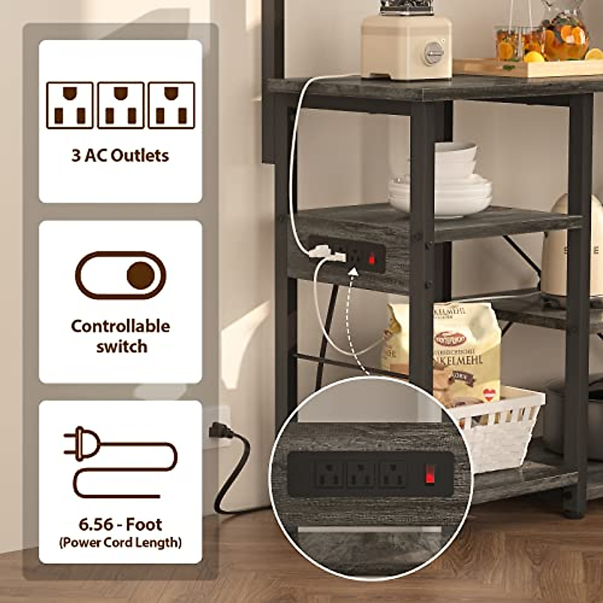 Topfurny Baker's Rack with Power Outlet, Coffee Station, Microwave Oven Stand, Kitchen Shelf, Microwave Cart, 7-Tier Microwave Stand or Coffee Bar Table Organizer, for Spice, Pots and Pans Organizer