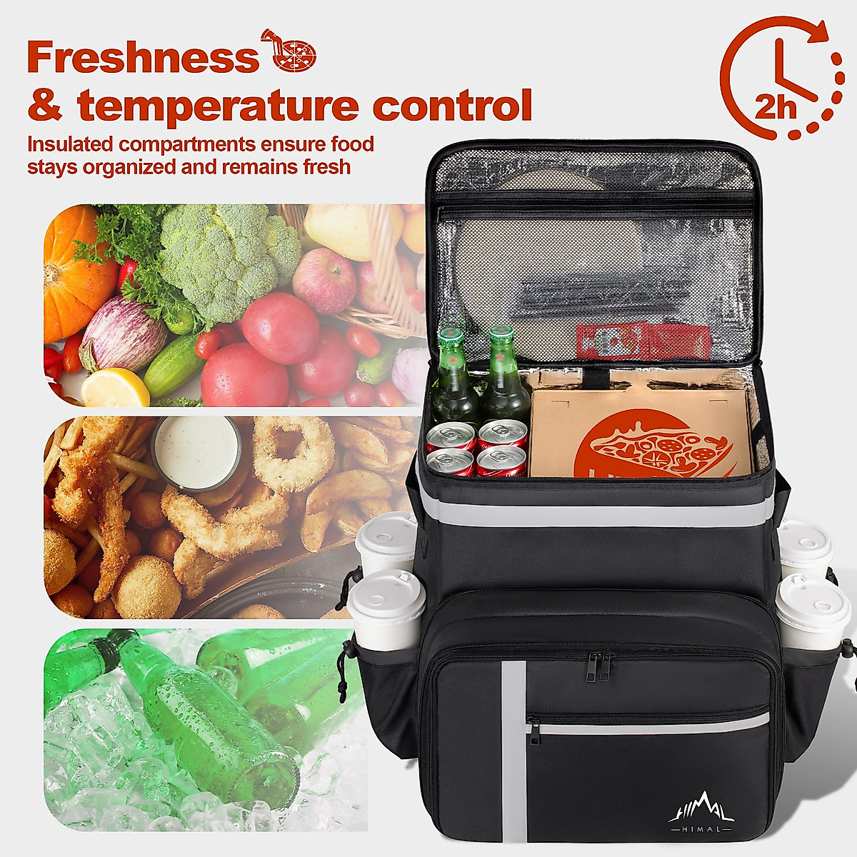 GoHimal Food Delivery Backpack,insulated food delivery bags for Delivery Bike,Large Pizza Delivery Bag for HOT/COLD with 4 Pockets Reflective Perfect for Uber Eats,Camping & Beach