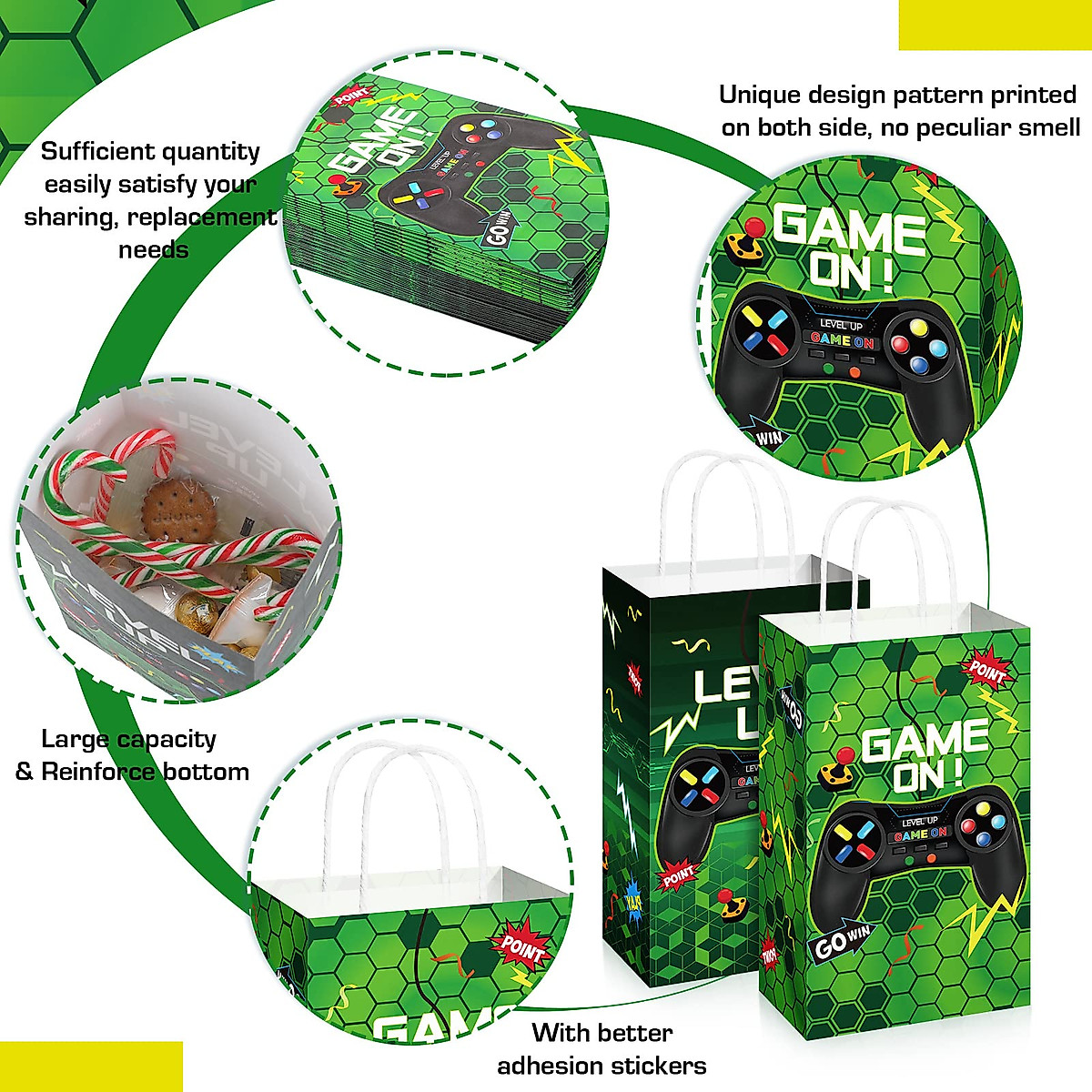 Crtiin 30 Pcs Video Game Party Gift Bags Gamer Theme Party Supplies Level up Game Paper Handbag Goodie Bag with Handle Gaming Party Favors for Girl Boy Birthday Party Decor (Dark Green, Light Green)