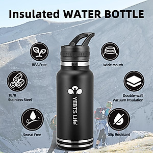 Insulated Water Bottle With Straw,32 oz Vacuum Insulated Stainless Steel Sports Water Flask with 2 Lids & 2 Straws,Keeps Cold and Hot,Metal Water Bottle Wide Mouth for Gym Travel Camping(Black)