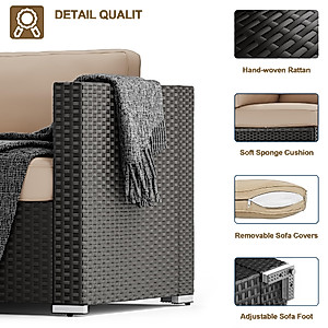 Patiomore 7 Pieces Outdoor Patio Furniture Set, Black Brown Wicker Patio Sectional Sofa Set, Outdoor Couch with Grey Cushion and Tempered Glass Table