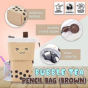 Primo Lines Kawaii Pencil Case and Complete 61 PCS Brown Kawaii Stationery Set with Pop Up Cute Boba Pencil Case, 8 Kawaii Pens, 50 Bubble Tea Stickers