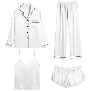 SWOMOG Women Satin Pajamas 4pcs Pajama Set Sexy Cami Shorts Set and Button Down Long Sleeve Pjs Loungewear Sleepwear White,Large