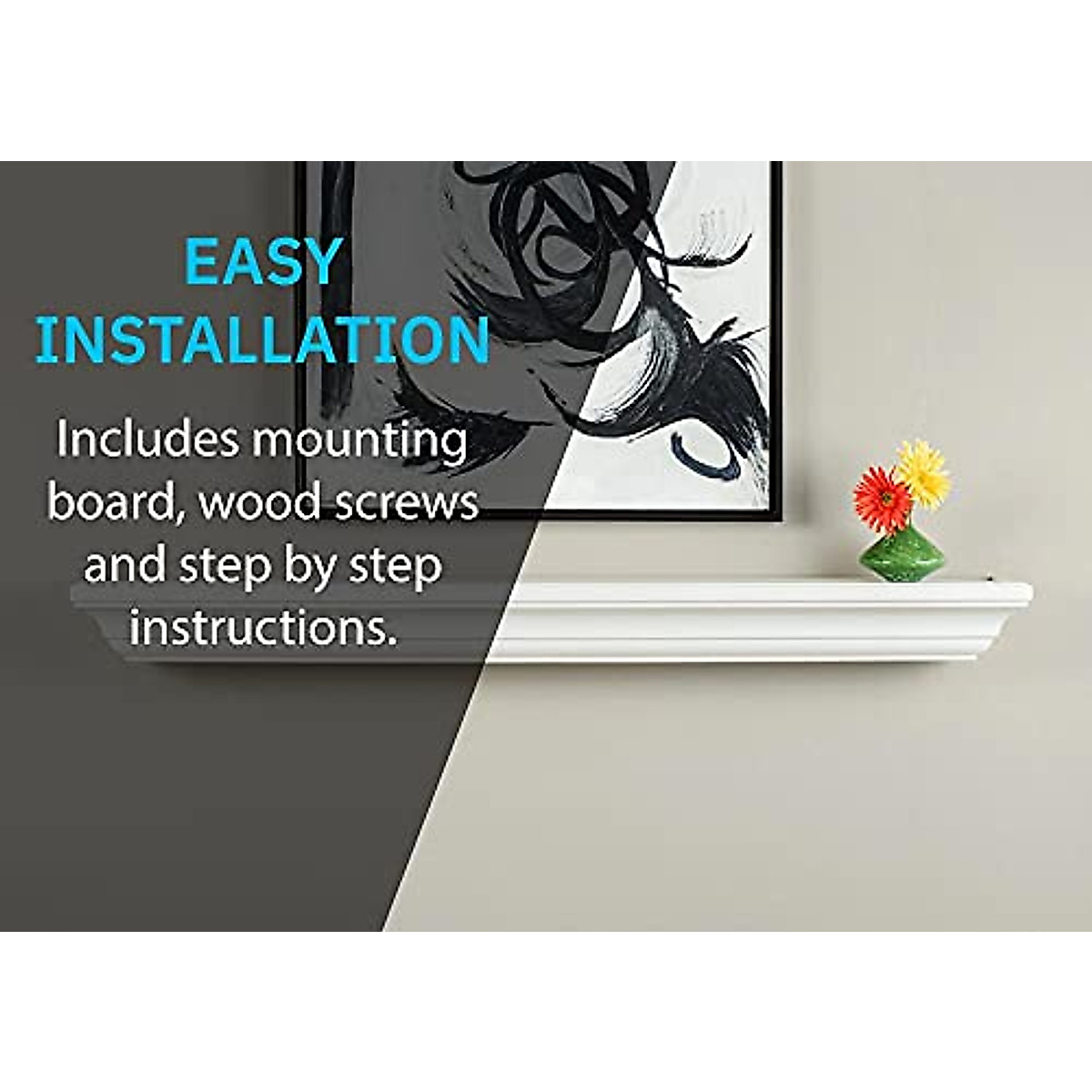 MANTELSDIRECT 60 Inch Floating Fireplace Mantel Wood Shelf in White - Colton from Mantels Direct | Wooden Rustic Wall Shelf Perfect for Décor and Electric Fireplaces