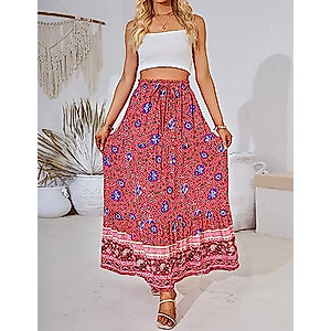 ZESICA Women's 2025 Summer Bohemian Floral Printed Elastic Waist A Line Maxi Skirt with Pockets,Floral Red,Small