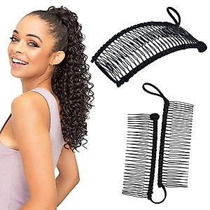 Stretchy Banana Hair Clip Vintage Clincher Comb Tool for Thick Thin Curly Hair Stretch & Adjust - Decorative Sturdy & Lightweight - No Pressure or Headaches-Cord w/Bar Closur (Medium Black 30-Teeth)