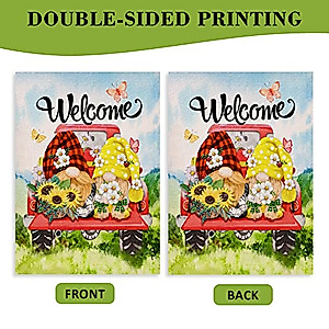 Covido Home Decorative Welcome Spring Gnome Couple Garden Flag, Summer Red Truck Butterfly Yard Daisy Flower Sunflower Plaid Check Outside Decoration, Floral Polka Dots Outdoor Small Decor 12x18