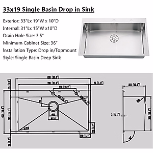 33 Inch Drop in Kitchen Sink, Jshozzy 33 x 19 Kitchen Sink Drop in 16 Gauge Stainless Steel Kitchen Sink Top Mount Single Bowl Deep Kitchen Sink with Drain Strainer