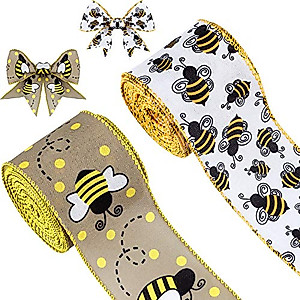 2 Rolls 20 Yards Bee Wired Edge Ribbons Honeybee Canvas Wired Edge Ribbons Black Yellow Wired Edge Ribbon for DIY Craft Wrapping Floral Hanging Ornaments, 2 Styles