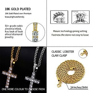 JINAO Gold Cross Necklace Iced Out Cubic Zirconia Round Cut Cross Pendant Necklace 18K Gold Plated Diamond Jewelry for Men Women with Stainless Rope Chain