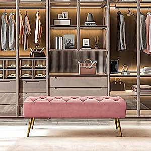 Yaheetech Modern Ottoman Bench Velvet Bench Upholstered Footrest for Living Room with Gold Metal Legs and Padded Seat Pink