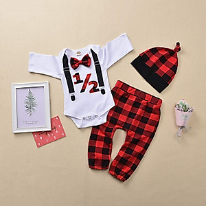 Baby Boy Half Birthday Outfit, Infant Buffalo Plaid Gentlemen Romper Bodysuit for 1/2 Birthday Party Cake Smash Clothes (Red, 6-9 Months)