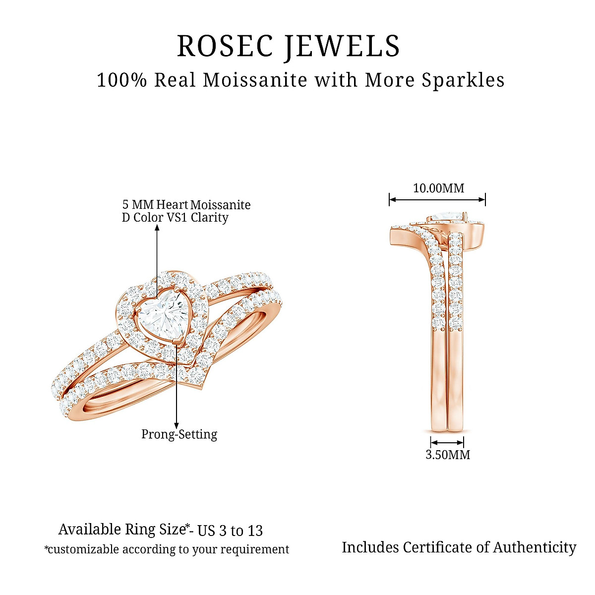 1.25 CT Moissanite Bridal Ring Set, D-VS1 Quality, Heart Shape Moissanite Wedding Ring Set, 14K Rose Gold, Size:US 10.00