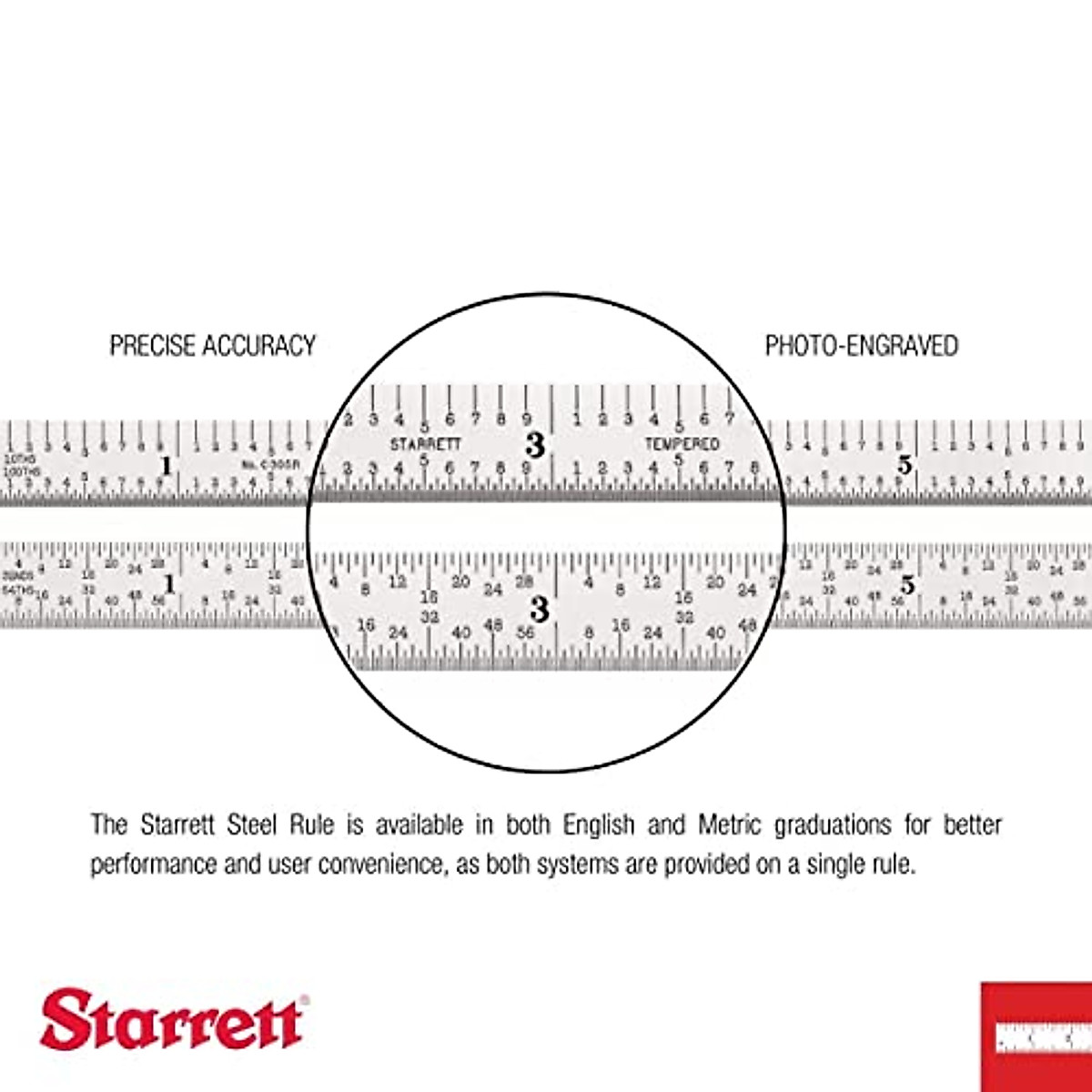Starrett Spring Tempered Steel Rule with Regular Steel Finish, Quick Reading, Inch Graduations, and Adjustable Double Hook - 12" Length, 4R Graduation Type, 3/64" Thickness - DH604R-12