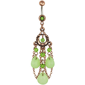 Forbidden Body Jewelry Surgical Steel Vintage Chandelier Dangle Belly Button Ring with Jade Colored Tear Drop Beads