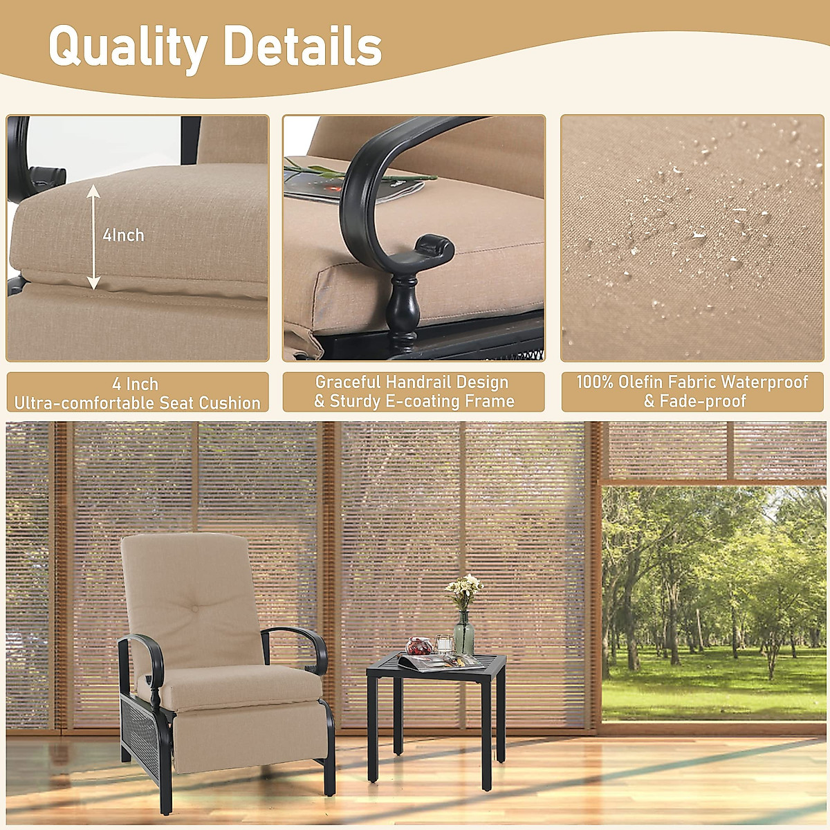 PHI VILLA Outdoor Recliner Chair for Patio, Oversized Patio Metal Chaise Lounge Chair Zero Gravity with Removable Beige Cushion for Garden, Poolside, Lawn