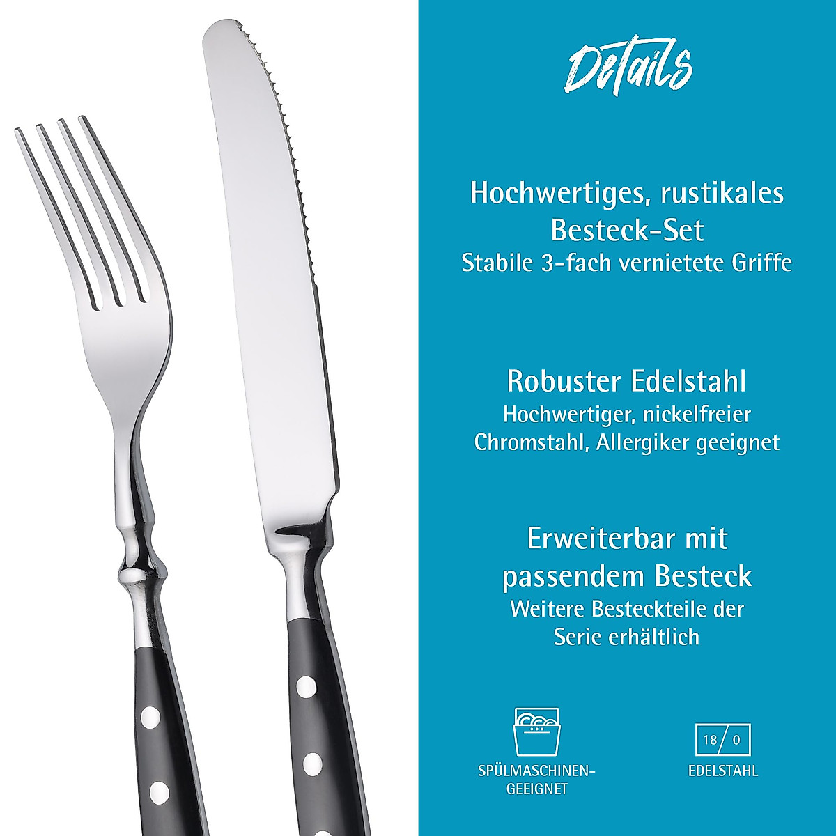GRÄWE cutlery set for 6 persons made of stainless steel, Heavy, Rustic, Table cutlery set 30 pieces, Forged cutlery with black handles - Nuremberg series