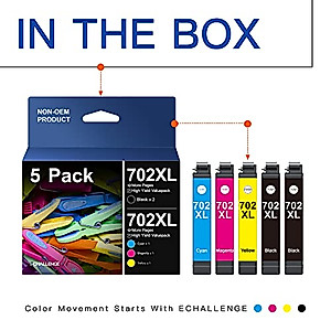 T702 T702XL 5 Pack Ink Cartridges Replacement for Epson 702 XL 702XL T702XL to use with Workforce Pro WF-3720 WF-3730 WF-3733 Printer New Upgraded Chips (2 Black, 1 Cyan, 1 Magenta, 1 Yellow)