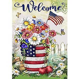 Texupday Welcome America Patriotic Floral Daisy Spring Summer Garden Flag Outdoor Yard Flag 12" x 18"