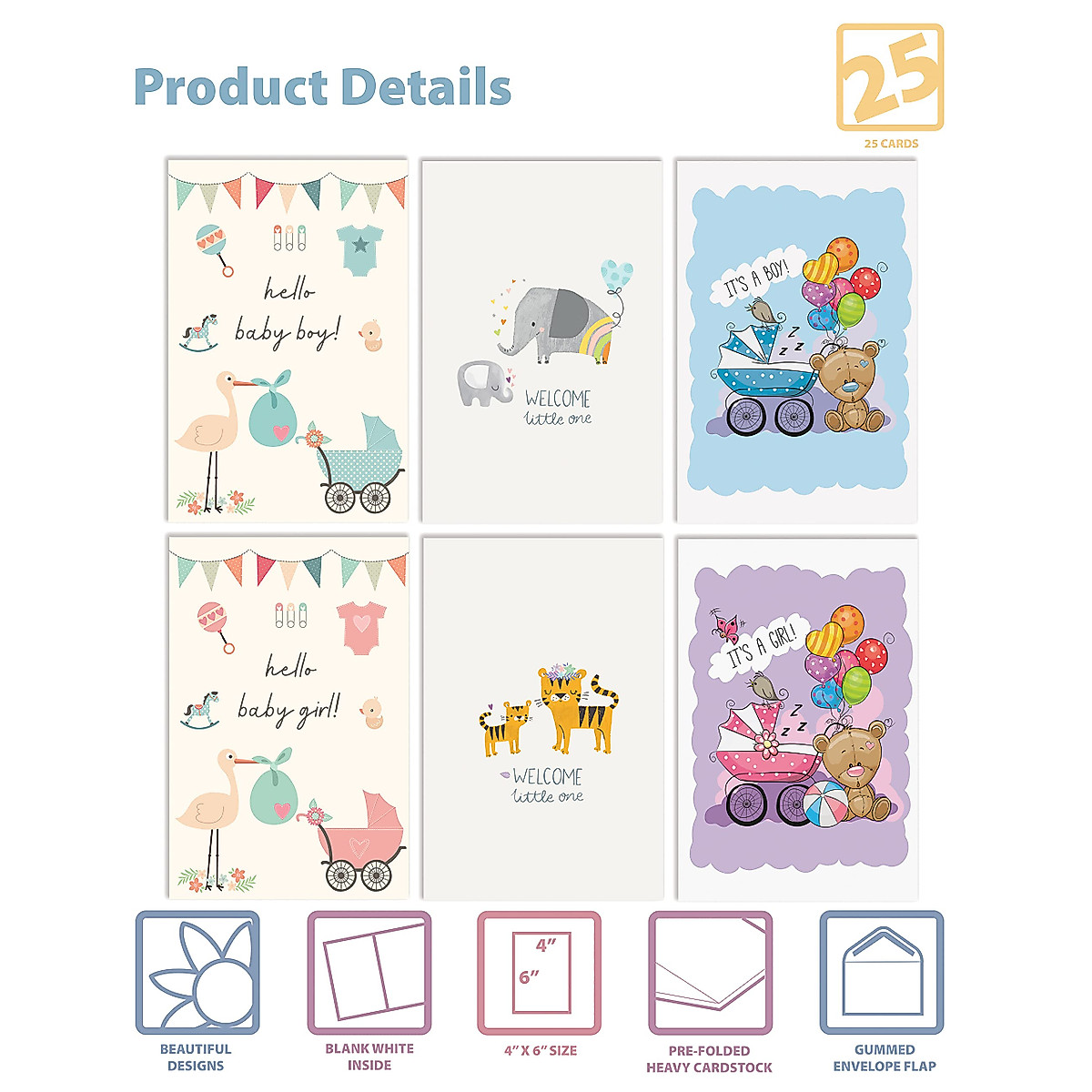 Better Office Products 25 Pack New Baby Congratulations Cards with Envelopes, Baby Shower Cards, Bulk Set, 4 x 6 Inch, 6 Cover Designs, New Baby Girl and Boy Cards, Blank Inside