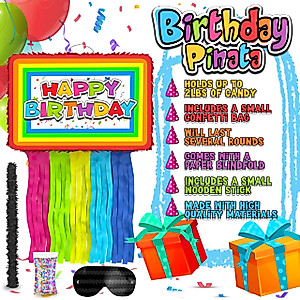 Birthday Piñata 4-Piece Set great for Boy, Girl, and Adult party. Happy Birthday Decorations, fun & unique style, fits candy party favors (16”X10”) durable!