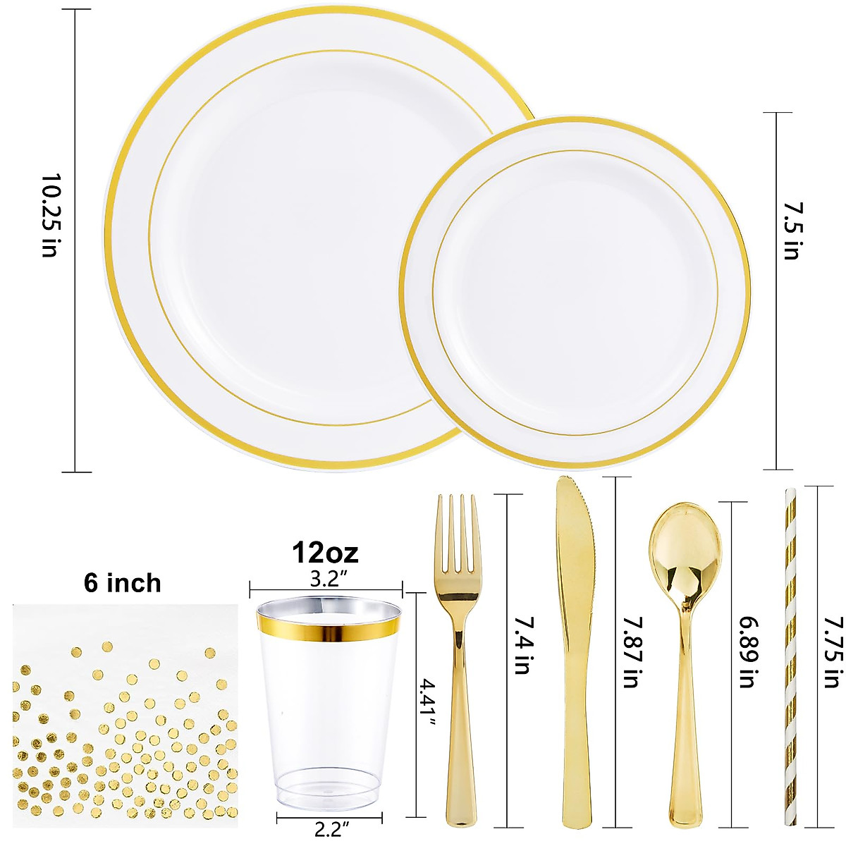 Ciaell 250PCS White and Gold Plastic Plates - Gold Disposable Plastic Plates Sets include 50Plates, 25Knives, 25Forks, 25Spoons, 25Mini Fork, 25 Cups, 25Paper Straws, 50Napkins for Thanksgiving, Party