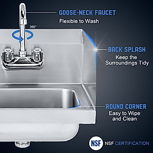 Profeeshaw Stainless Steel Sink Commercial Wall Mount Hand Washing Basin NSF Certified, with Gooseneck Faucet and Side Splash Guard, for Restaurants, Stores, Bars and Home, 17" x 15" …