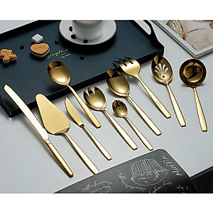 Berglander Gold Serving Utensils 10 Pieces, Titanium Golden Plating Serving Spoons, Included Cake Knife Cake Server Serving Forks Sugar Spoon Salad Spoon Forks Butter Knife Gravy Ladle ect.
