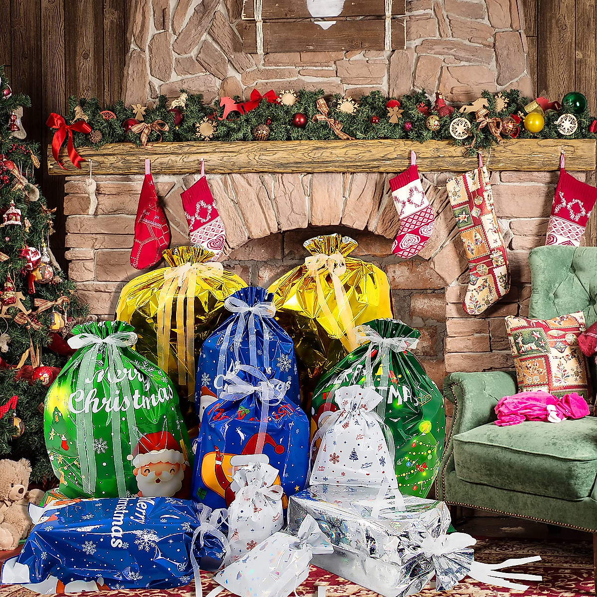 BQTQ 42 Pcs Christmas Drawstring Gift Bags 10 Design and 5 Size Christmas Bags Wrapping Bags Christmas Goody Bags Treat Bag for Christmas Party