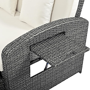 Outdoor Rattan Double Chaise Lounge, 2-Person Reclining Daybed with Adjustable Back and Cup Tray, Sunbed for Garden Yard Patio (White/2-Person)