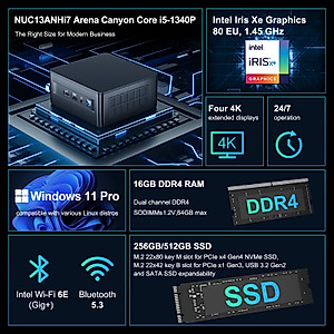 Intel NUC 13 Pro NUC13ANHi5 Arena Canyon Mini PC, Core i5-1340P, 8GB RAM, 256GB SSD, Mini Computer Win 11 Pro für Business Home Office, Unterstützung 8K/4K Quad Display/WiFi 6E/BT 5.3/Thunderbolt 4