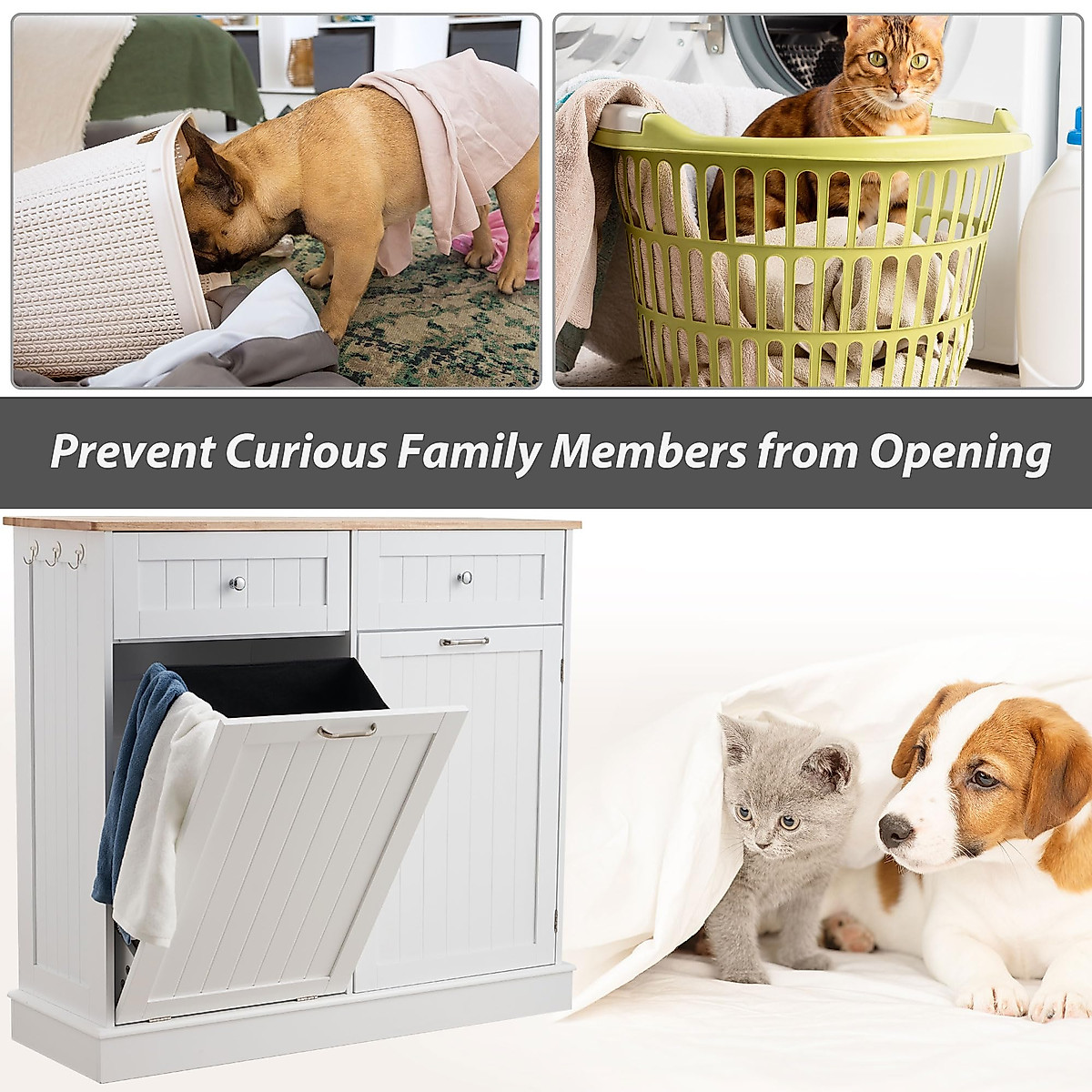 Spurgehom Dual Door Trash Cabinet Kitchen Waste Bins, Laundry Hamper Tilt Out Trash Can Cabinet with Hideaway Drawer Storage Bag,13 Gallons Pet Proof Trash Can for Living Room, White