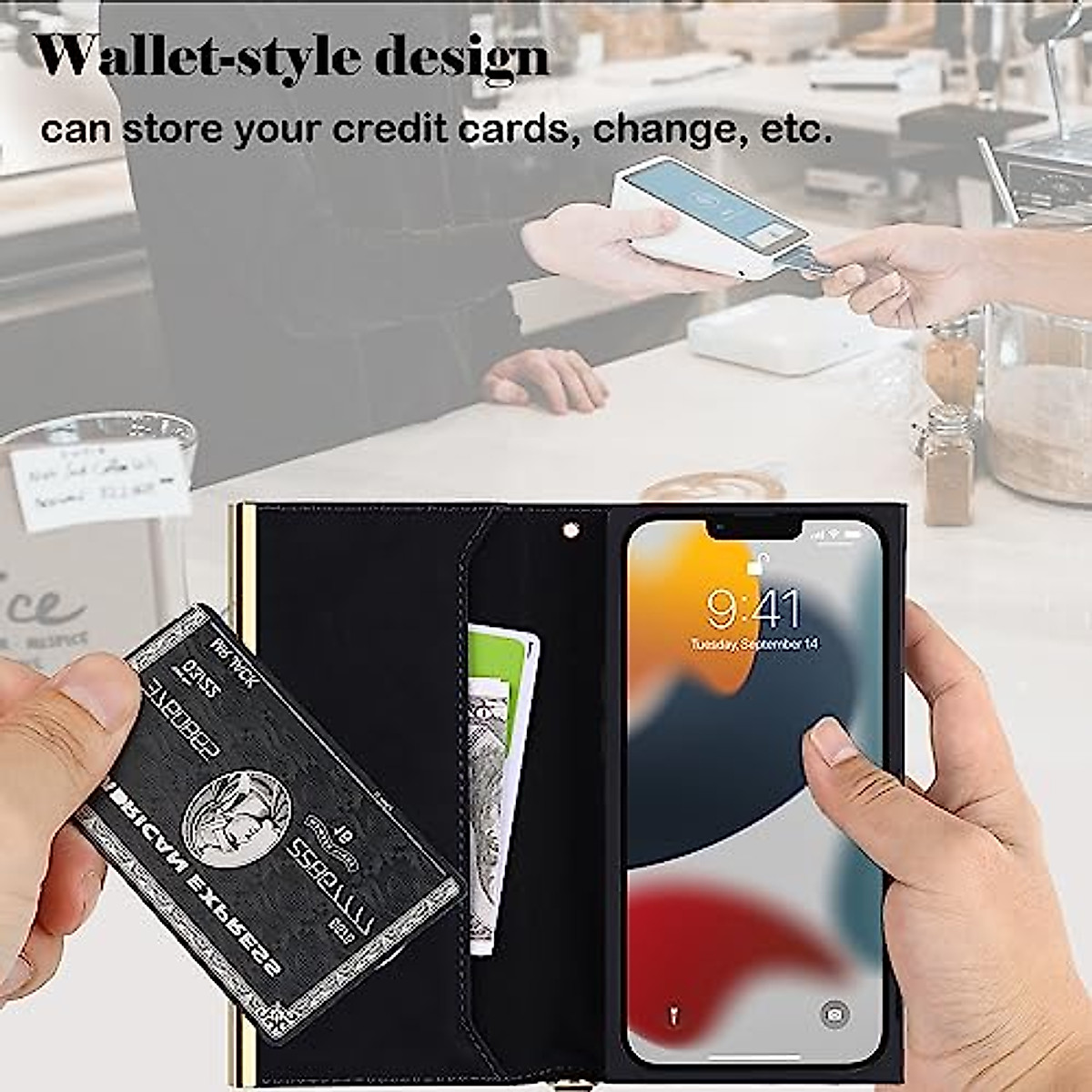 Ｈａｖａｙa Crossbody Phone case for iPhone 13 pro max case with Strap for Women with Card Holder and Mirror for iPhone 12 pro max flip Wallet Cover with Credit Card Slot-Black