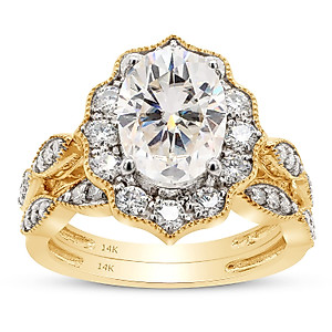 SAVEARTH DIAMONDS 2 3/4 cttw Center 7X10MM Oval & Round Cut Lab Created Moissanite Diamond Halo Vintage Style Bridal Ring Set For Women In 14K Solid Yellow Gold(G-H Color,VVS1 Clarity, 2.75 Cttw)-7