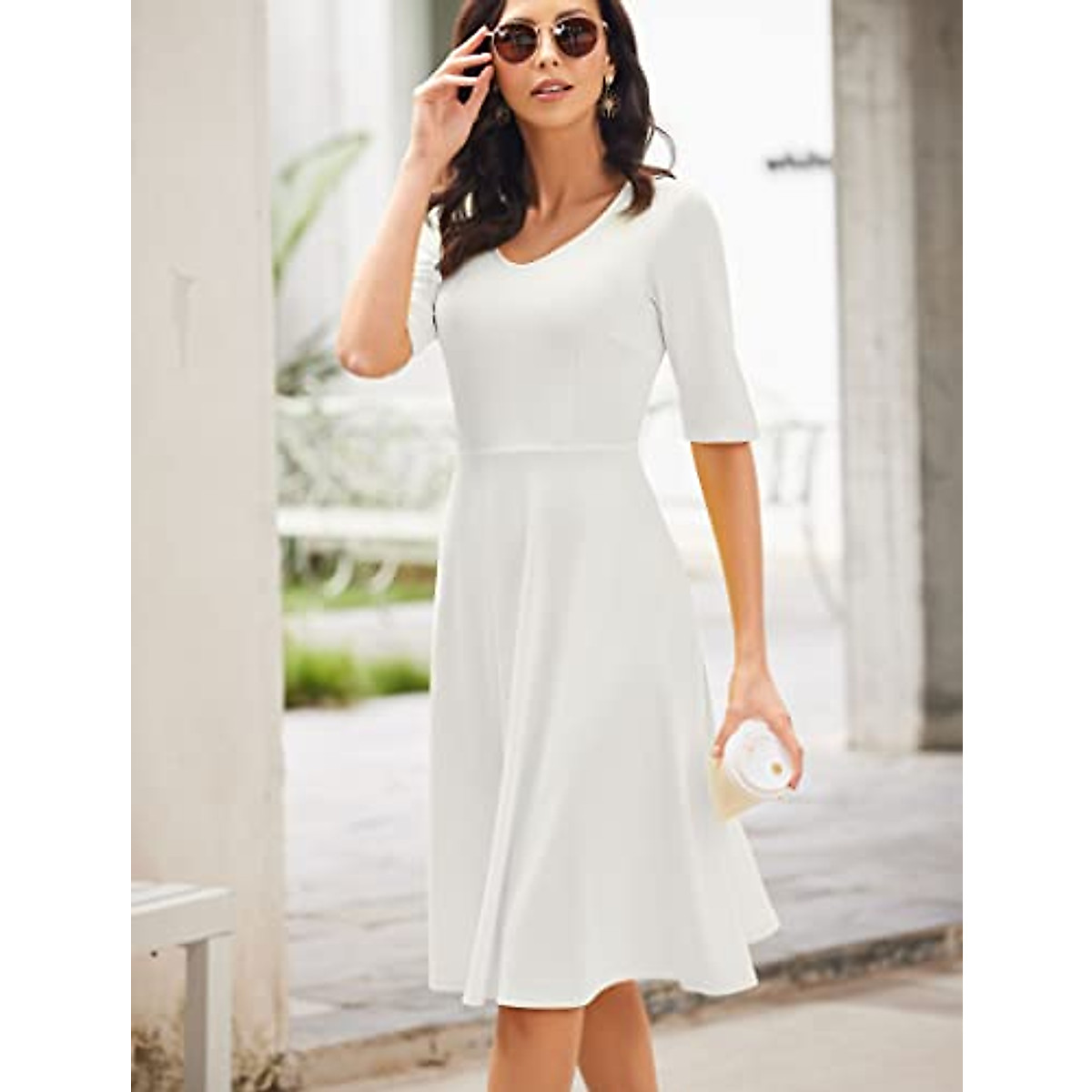 ELESOL Women's A-Line Dress Floral Print Knee Long Tea Dress,White/XL