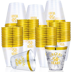 Roshtia 100 Pcs Cheers to 50 Years Clear Plastic Cups 9 oz Plastic Cups Clear Disposable Cups 50th Birthday Cups for Wine Cocktail Party Favors Wedding Anniversary Supplies (Gold, 50th Birthday)